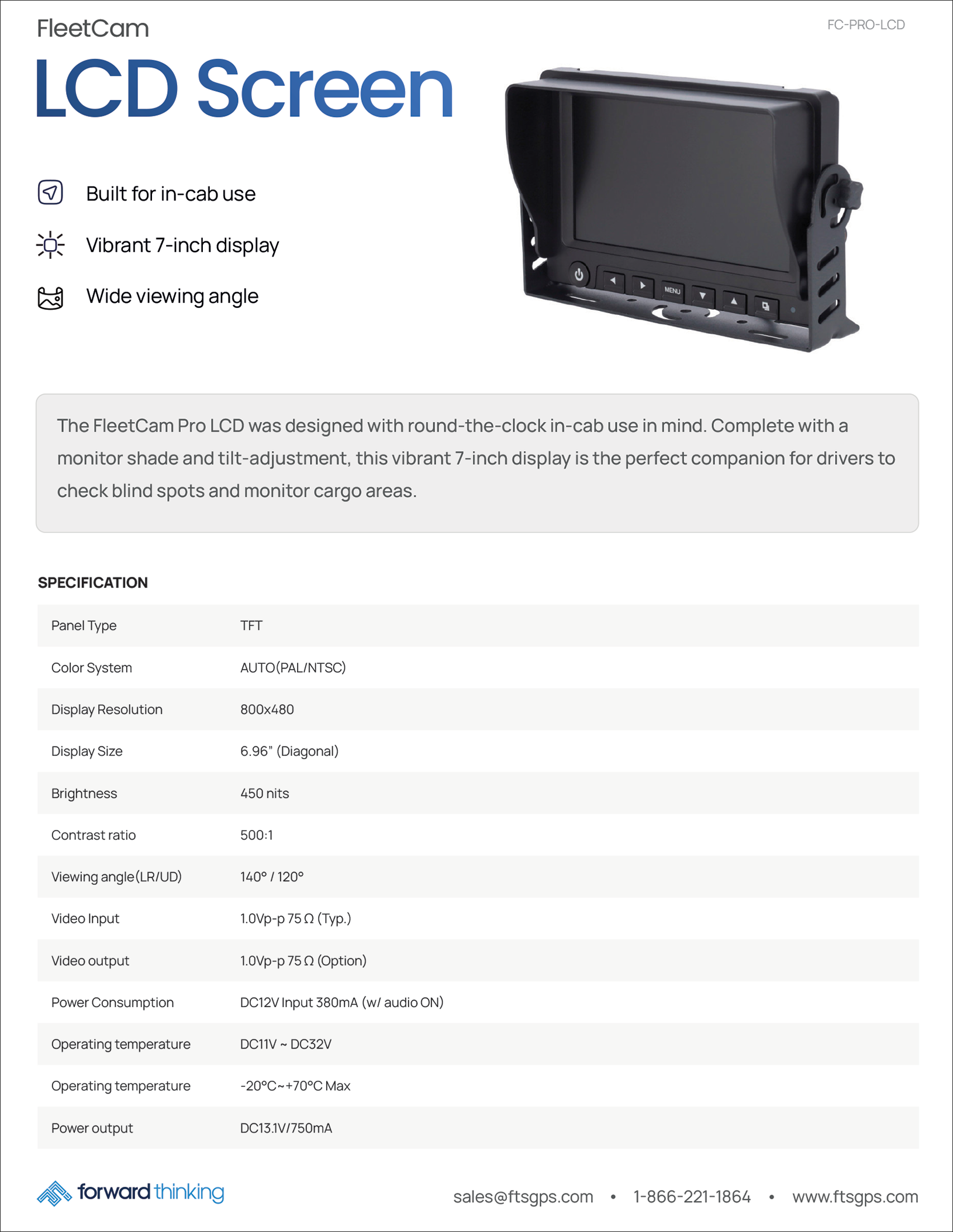 FleetCam Pro LCD Screen product sheet - Forward Thinking Systems